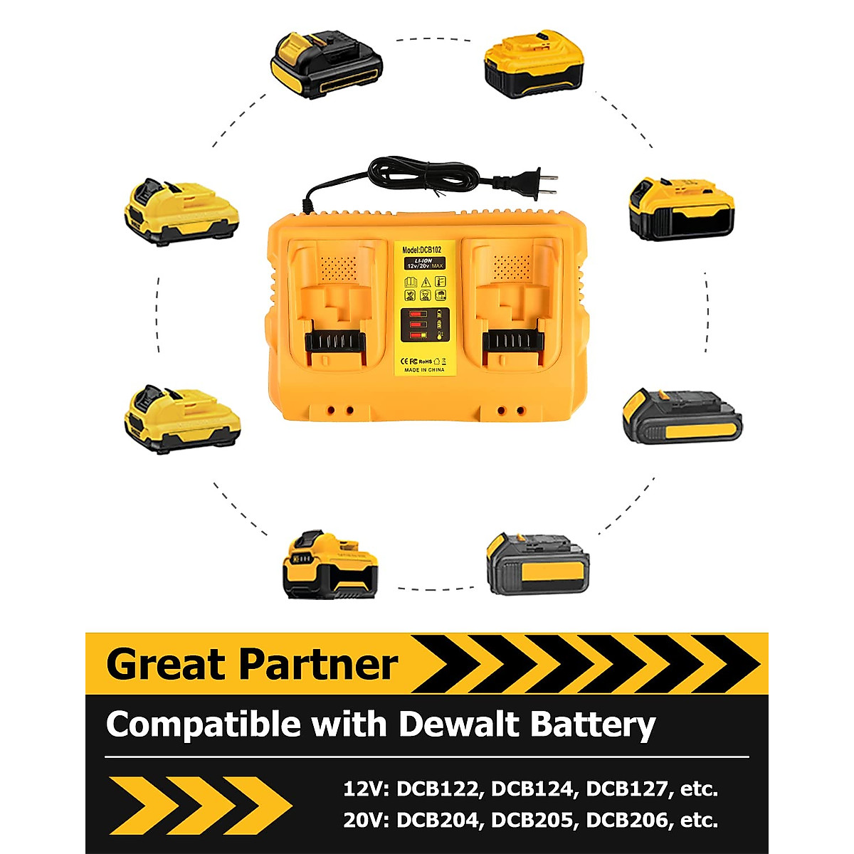 DCB102 Replacement for Dewalt Battery Charger Station Comaptible with Dewalt 12V/20V Battery Charger Work with Dewalt 20V Battery and Tools（Yellow）