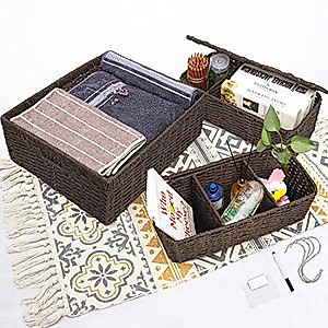 MAHGOUB Rectangular Paper Rope Woven Storage Basket,Rectangular Paper Rope Storage Basket with Built-in Handles(Set of 3) Toilet Paper Basket,Apply to Baskets Shelf,Bathroom,Kitchen,den,Laundry Room