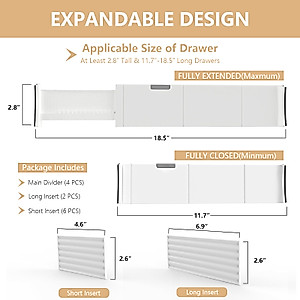 KABUM Adjustable Drawer Divider Organizer Clothes Dresser Organizer,Expandable Organization for Home, Office,2.8" High Expandable from 11.7" to 18.5",4 Dividers with 6 Short and 2 Long Inserts