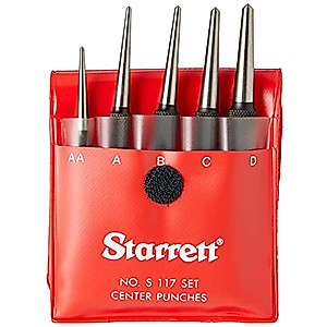 Starrett Steel Center Punch with Round Shank and Knurled Finger Grip - Hardened and Tempered Steel, 0-4-inch Length, 1/16, 5/64, 3/32, 1/8, 5/32 Diameter Tapered Point, 5 Pieces - S117PC