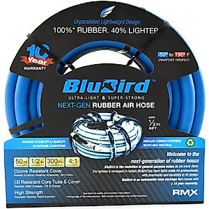 BLUBIRD BB1250 1/2" x 50' Rubber Air Hose, 100% Rubber, Lightest, Strongest, Most Flexible, 300 PSI, 50F to 190F Degrees, Ozone Resistant, High Strength Polyester Braided