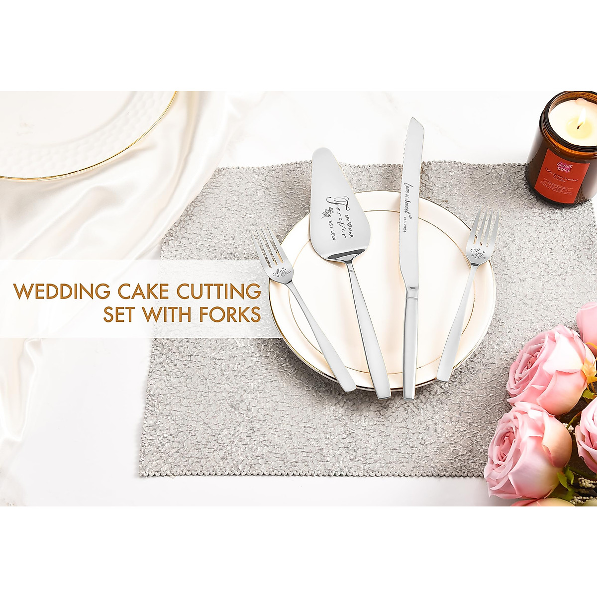 Parihy Wedding Cake Cutting Set, Sliver Wedding Cake Knife and Server Set 2024 with Forks, Mr and Mrs Cake Cutting Set for Wedding, Engagements Anniversaries (Silver)