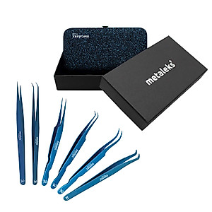 6PCS Eyelash Extension Tweezers Sets Made of Japanese Stainless Steel (Glitter Blue Rexion Pouch)