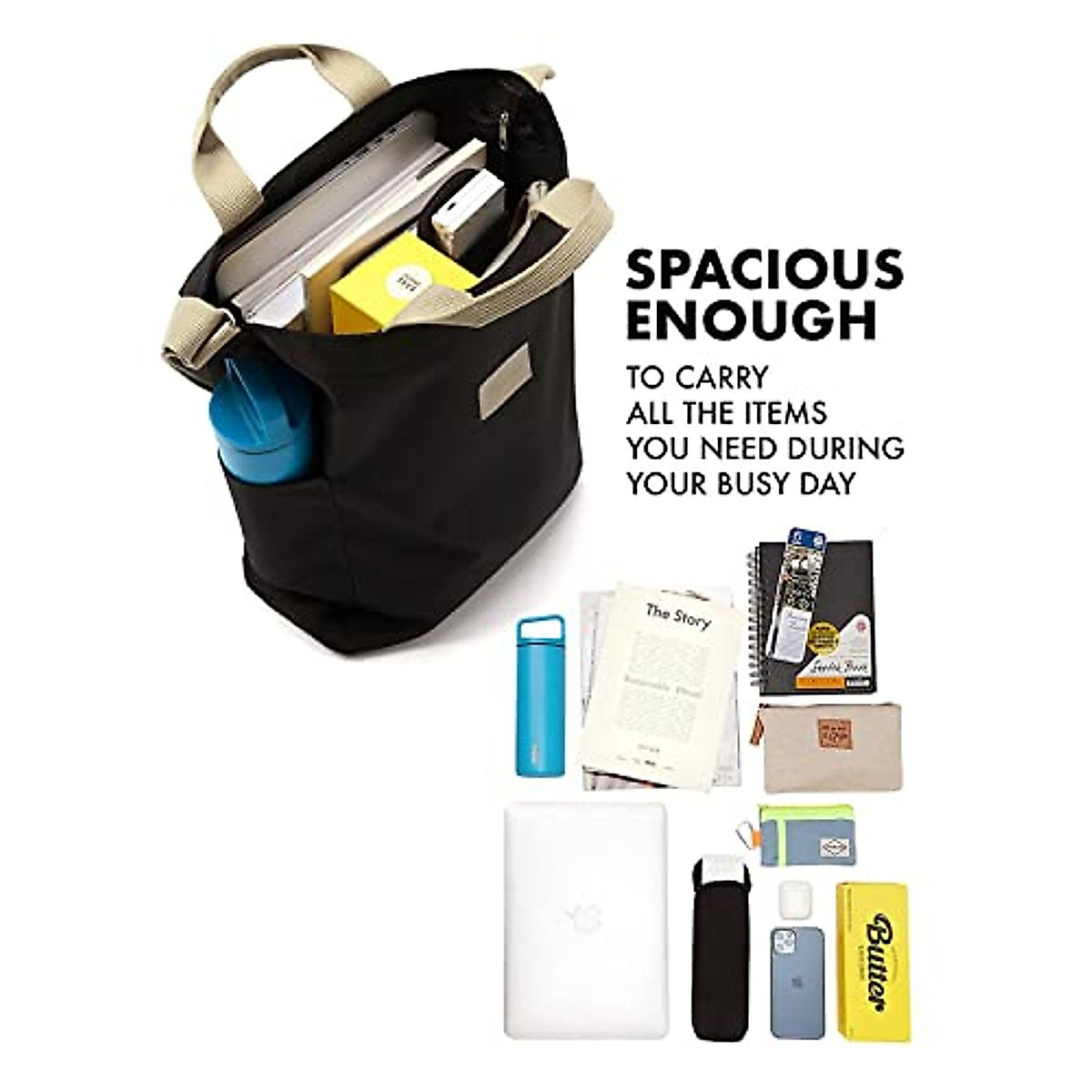 I WAS PLASTIC Recycled Polyester Laptop Tote Bag with Zipper and Pockets, Water Repellent, Fit 13" Laptop, Crossbody Bag. (BLACK)