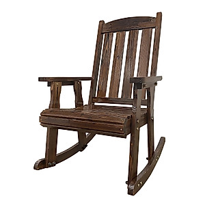 Wooden Rocking Chair with Comfortable Backrest Inclination, High Backrest and Deep Contoured Seat, Solid Fir Wood, Heavy Duty 600 LBS, for Both Outdoor and Indoor, Porch and Patio (Deep Brown)