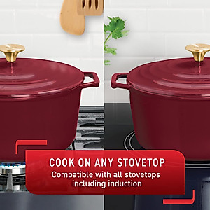 T-fal Cast Iron Enameled Dutch Oven 6 Quart Induction Oven Broiler Safe 500F Pots and Pans, Cookware Red
