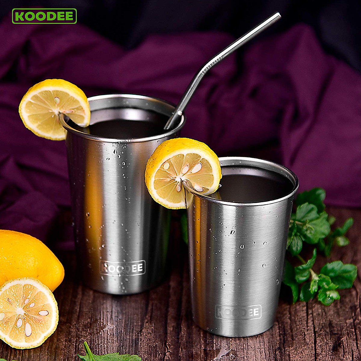 koodee Stainless Steel Cups(4 Pack) 16 oz Pint Tumbler Stackable Metal Drinking Glasses for Camping, Outdoors（Sky Blue-Baby Blue-Pink-Teal）