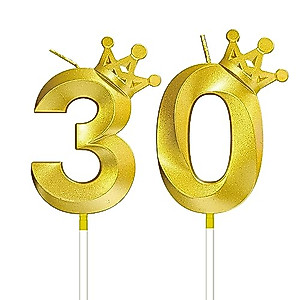 Number 30 Birthday Candle 3D Crown Designed 30th Cake Topper Decorations for Thirty Year Old Happy Birthday Candles Anniversaries (Crown-30, Gold)