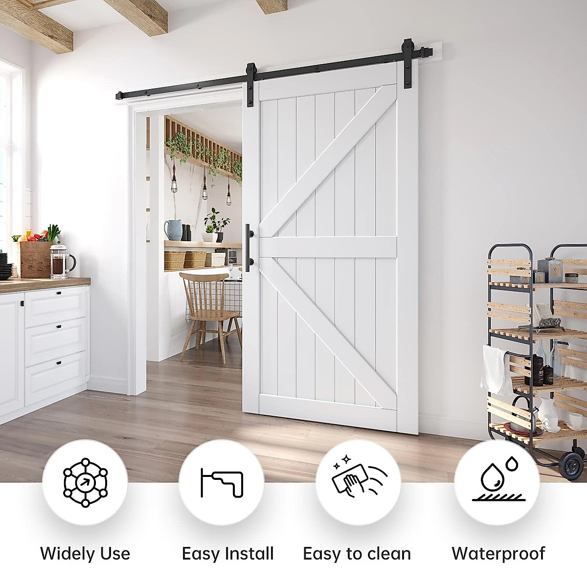 EaseLife 42in x 84in Sliding Barn Door with 7FT Barn Door Hardware Track Kit Included,Solid LVL Wood Slab Covered with Water-Proof & Scratch-Resistant PVC Surface,DIY Assembly,Easy Install,White