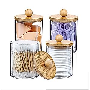 WUBY (4Pcs) Bathroom Jar with Lid, Cotton Ball Holder Bathroom Decorative Container,Holder for Storing Cotton Swabs, Cotton Balls, Dental Floss and Cotton Round Pads