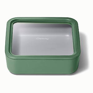 Caraway Glass Food Storage, 10 Cup Glass Container,Ceramic Coated Food Container,Easy to Store, Non Toxic, Non Stick Lunch Box Container with Glass Lids. Dishwasher, Oven,Square Shape,Sage