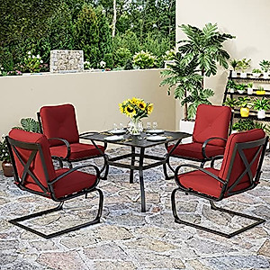 PHI VILLA 5 Pcs Patio Dining Table and Chair Set, 4 pcs C-Spring Relaxing Cushioned Sofa Chairs & 1 Sqaure 37"x 37" Outdoor Table with 1.57" Umbrella Hole, Patio Furniture for Garden Red Cushion
