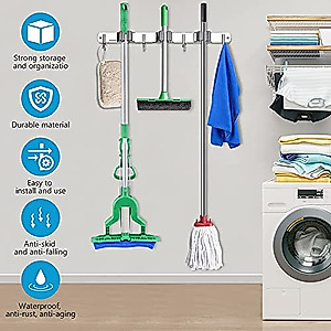 ONMIER Broom Holder Wall Mount Stainless Steel Mop and Broom Holder Wall Mounted Broom Tools Storage Organizer with 3 Racks 4 Hooks for Home Kitchen Garden Laundry Room (2 PACK)