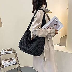 Women Shoulder Bag Lattice Pattern Shoulder Bag Large Capacity Tote Bags Space Cotton Quilted Shopper Bag(white)