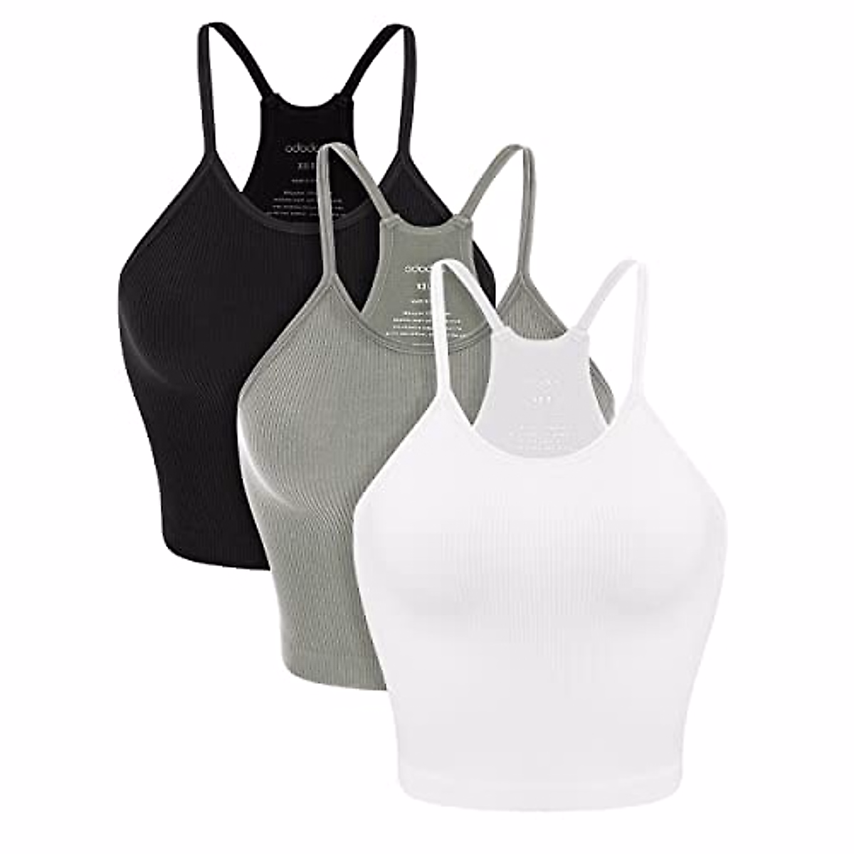 ODODOS Women's Crop Camisole 3-Pack Washed Seamless Rib-Knit Crop Tank Tops, Long Crop, White Gray Black, Medium/Large