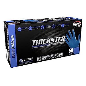Thickster Powder-Free Exam Grade Latex Disposable Gloves. Size Medium. Blue, 14 mil Thickness, 12" Length. Fully Textured for Superior Grip. Single Use. Pack of 50. (6602-20)