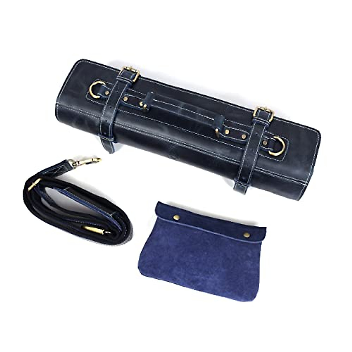 Leather Knife Roll Storage Bag, Elastic and Expandable 10 Pockets, Adjustable/Detachable Shoulder Strap, Travel-Friendly Chef Knife Case (Sapphire Blue, Leather)