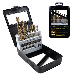 Powertough Titanium Drill Bit Set - 21-Piece M35 Co 5% High Speed Steel HSS for Steel Alloy and Other Hard Metals Fully Ground with 135°Split Point Drill Bits in Deluxe Metal Box E01014