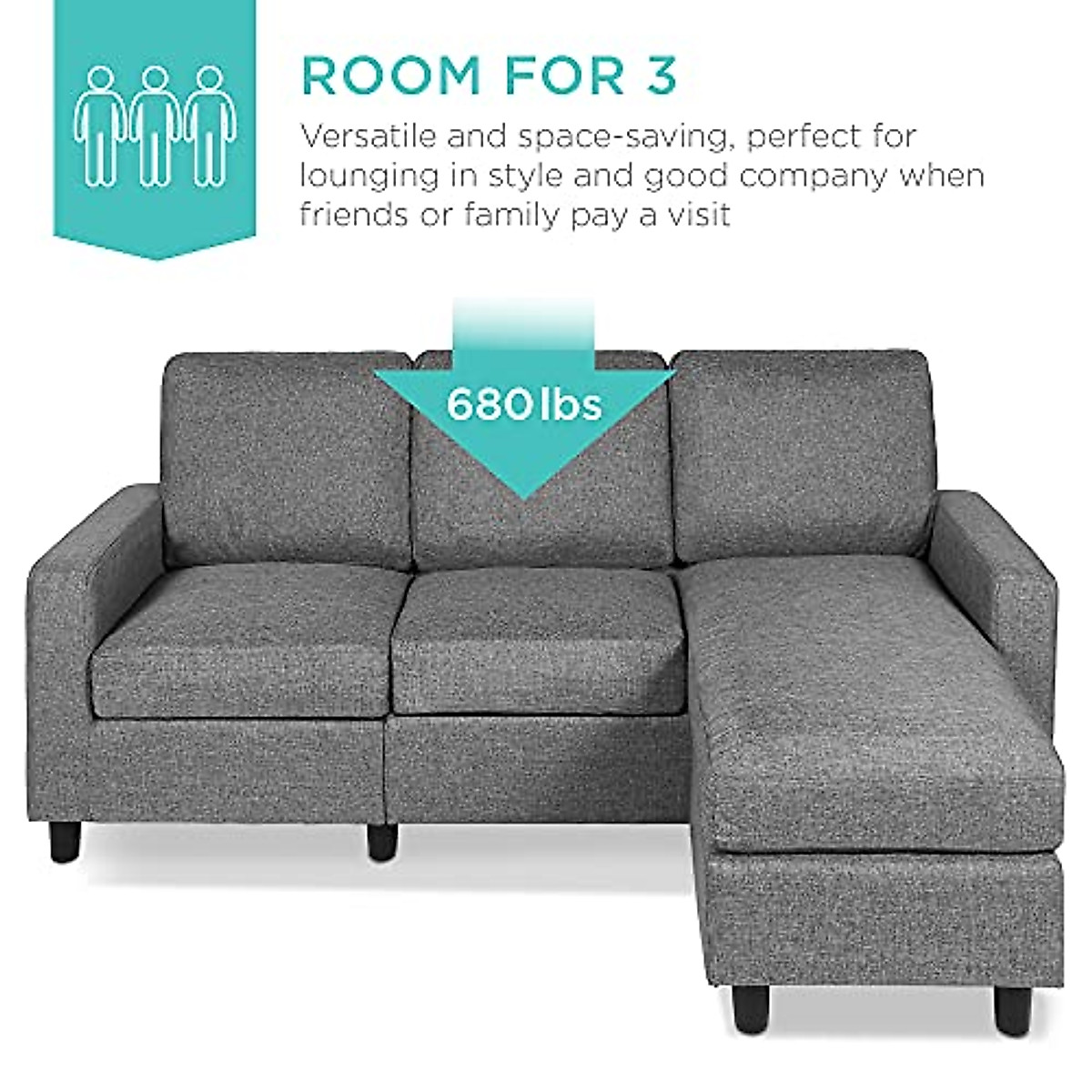 Best Choice Products Linen Sectional Sofa for Home, Apartment, Dorm, Bonus Room, Compact Spaces w/Chaise Lounge, 3-Seat, L-Shape Design, Reversible Ottoman Bench, 680lb Capacity - Gray