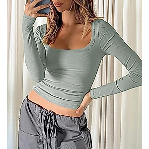 Lynwitkui Women's Ribbed Long Sleeve Tops Scoop Neck Slim Fitted Solid Casual T-Shirt Light Green