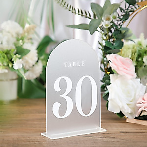 30 Sets Frosted Arch Wedding Table Numbers with Stands 1-30 Acrylic Table Signs 5 x 7 Inch Numbers Signs and Holders for Centerpiece Reception Decoration Party Anniversary Event