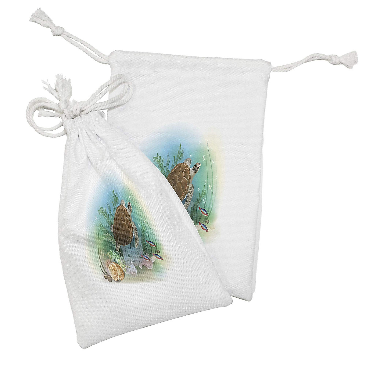 Ambesonne Ocean Fabric Pouch Set of 2, Sea Turtle Swims in the Ocean Tropical Underwater World Aquarium Illustration Print, Small Drawstring Bag for Toiletries Masks and Favors, 9" x 6", Green Brown