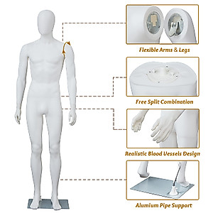 6Ft Male Mannequin Dress Form Display - Manikin Torso Stand Realistic Full Body Mannequin for Retail Clothing Shops, Halloween Christmas Cosplay, White