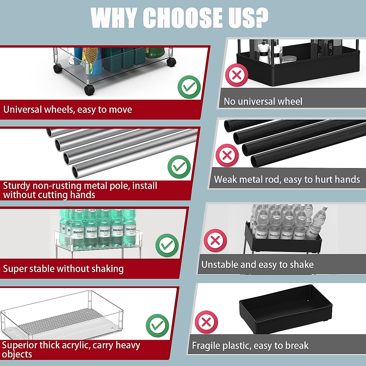 Under Sink Organizer, 2 Tier Thicken Bathroom Under Sink Organizers and Storage with Wheel Hook, Strong Bath Kitchen Home Countertop Cabinet Standing Rack, Narrow Space Collection Basket, Clear Shelf