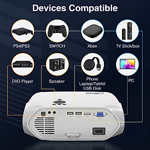 Native 1080P WiFi Bluetooth Projector with 200'' Display, 8000Lux Full HD 4K Support Movie Video Projector Compatible w/ iOS Android Smartphone Tablet, HDMI/VGA/USB/TV Stick, Auto Sleep Timer