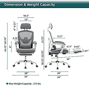 Sweetcrispy Ergonomic Lumbar Pillow and Retractable Footrest, Swivel Rolling Padded Armrests Headrest Height Adjustable Home Office, High Back Reclining Mesh Chair, Light Grey