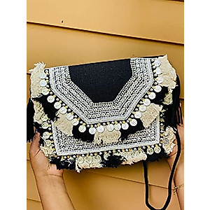 AMRANIS Boho Handcrafted Jute Coin Bag, Banjara bags, Designer Bohemian Bags, Shell Jute Bags Clutch, With Free Christmas Bag, Black4