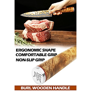 YOUSUNLONG Chef Knife - 8'' Blade Japanese Handmade Copper Damascus Steel - Professional Chef's Knife - Razor Sharp Slicing Knife - Naturel Burl Wooden Handle with Leather and Acacia Wood Box