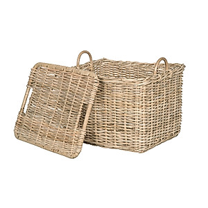 Rattan Core Rectangular Storage Basket with Lid, Natural, Large