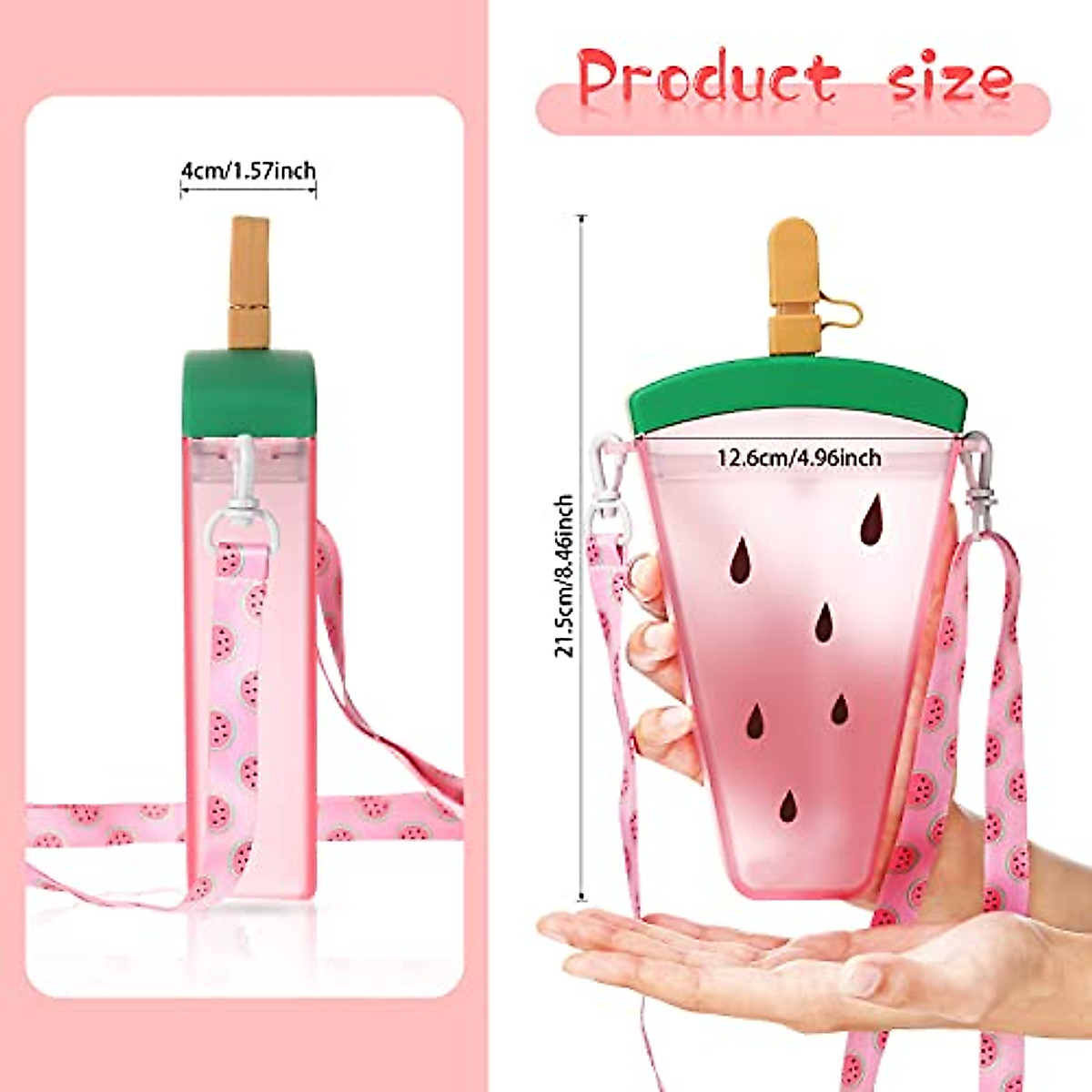 Plastic Water Bottle Watermelon Pitaya Shape Water Bottle with Straw Reusable Portable Drinking Bottle Leak Proof Water Bottle with Adjustable Shoulder Strap for Outdoor Activities (Watermelon)