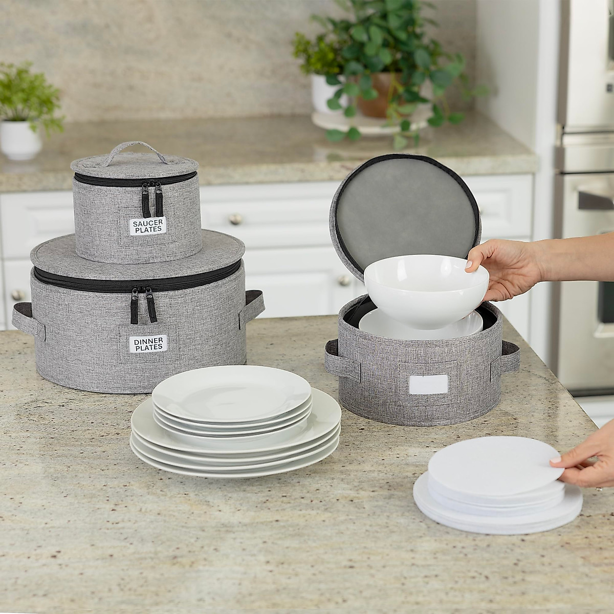 China Storage Container for Saucer and Appetizer Plates - 7" W x 5.5" H - Includes 12 Felt Dividers. Hard Shell and Stackable