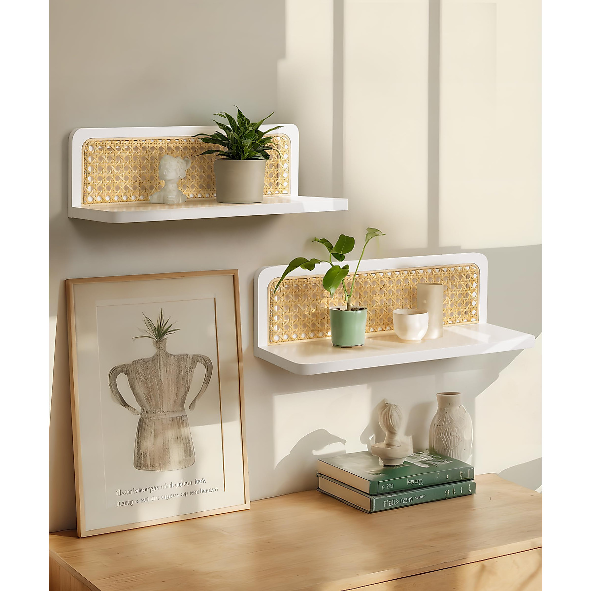 Maxpeuvon Rattan Floating Shelves, Boho Cane Webbing Wall Shelves Farmhouse Display Storage Organizer White Bookshelves Wicker Room Decor for Living Room Bedroom Entryway Hallway Bathroom, Set of 2