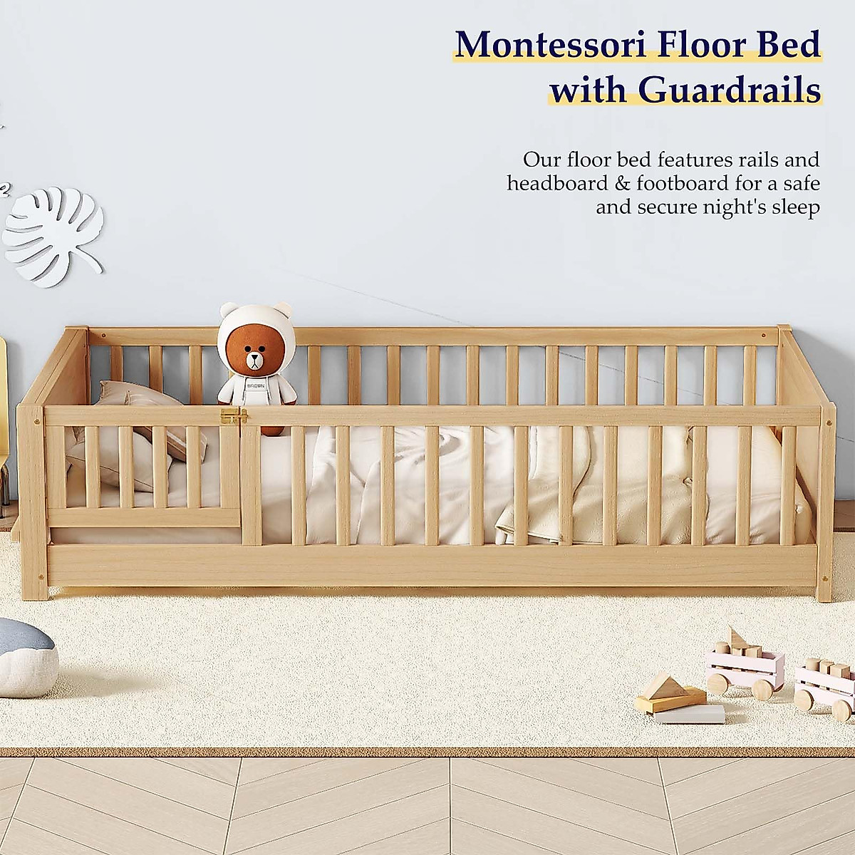 Tatub Twin Floor Bed with Slats, Montessori Bed with Rails, Kids Floor Bed with Built-in Book Storage Rack, Solid Wood Montessori Bed Frame with Door, Nature