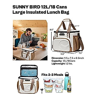 SUNNY BIRD 12L Large Insulated Lunch Bag, Leakproof and Foldable Lunch Cooler Box for Women Adult and Men, Fits 18 Cans (Ivory White 01)