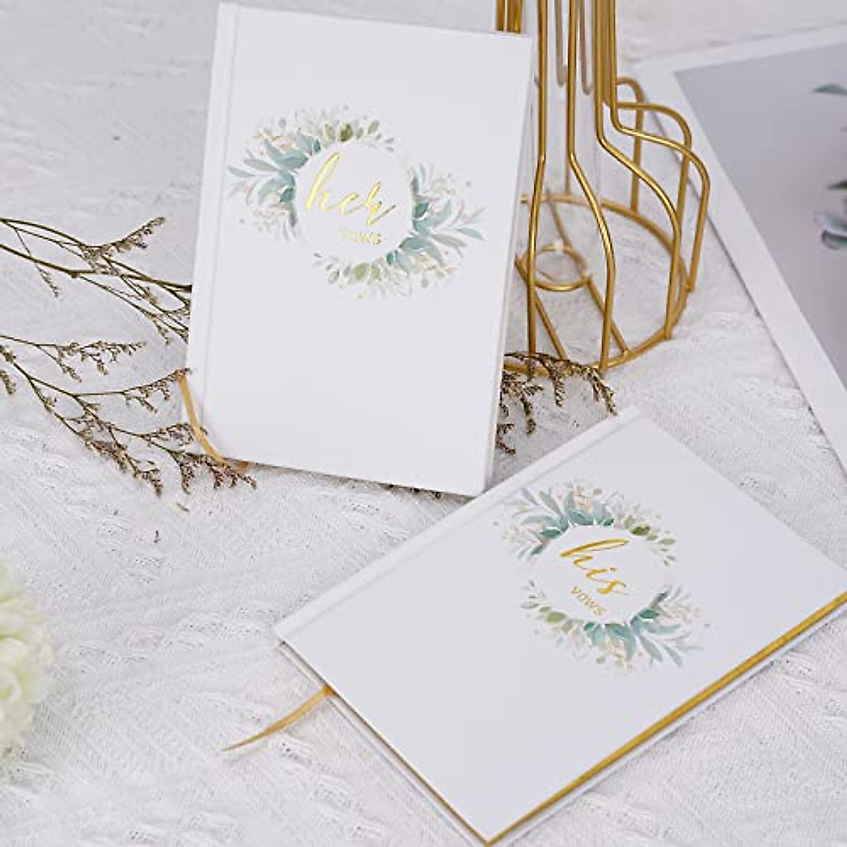 Avamie His and Her Wedding Vow Books Keepsakes, Wedding Officiant Books, Vow Renewal Books, Premium Hardcover with Gold Foil and Gilded Edges, 5.7x4 inch, Romantic White with Greenery Design, 46 Pages
