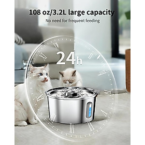 Cat Water Fountain,3.2L/108oz Cat Fountain with Water Level Window,Stainless Steel Pet Water Drinking Fountain for Cats Inside,Quiet Pump for Dogs and Cats(with Water Level Window)