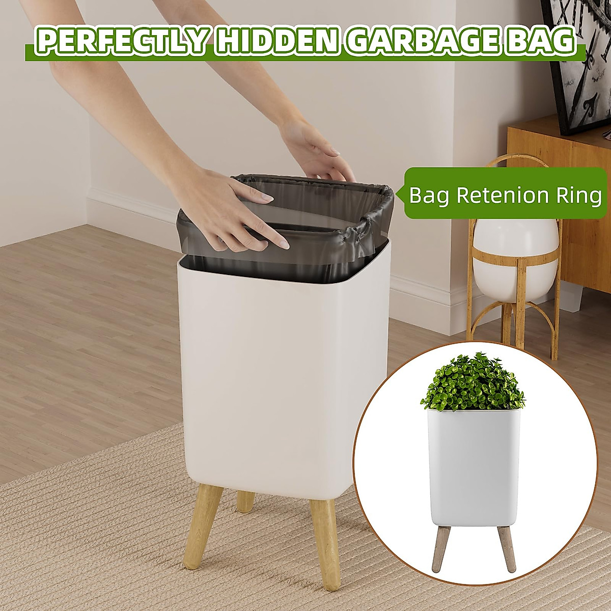 TODAYGO Nordic Trash Can with Plant Styled Lid, 2.6Gal/10L Small Bathroom Trash Can Dog Proof, Decorative Modern Plastic Waste Basket for Office, Study Room, Outside Pet Waste Container,Cream White