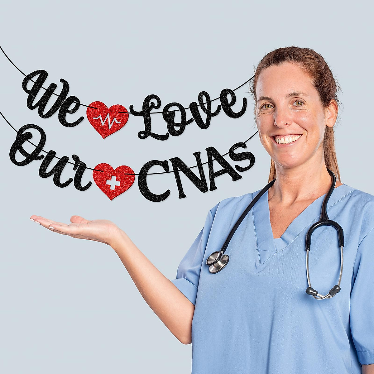 Firefairy We Love Our CNAs Banner, CNA Appreciation Banner, Happy CNA Week Party Decor, Thank You CNAs Party Decor, Nursing Assistant Week Banner, Black and Red Glitter