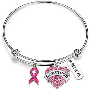 Gzrlyf Stainless Steel Bangle, Survivor Bracelet for Breast Cancer Awareness, Pink Heart Charm
