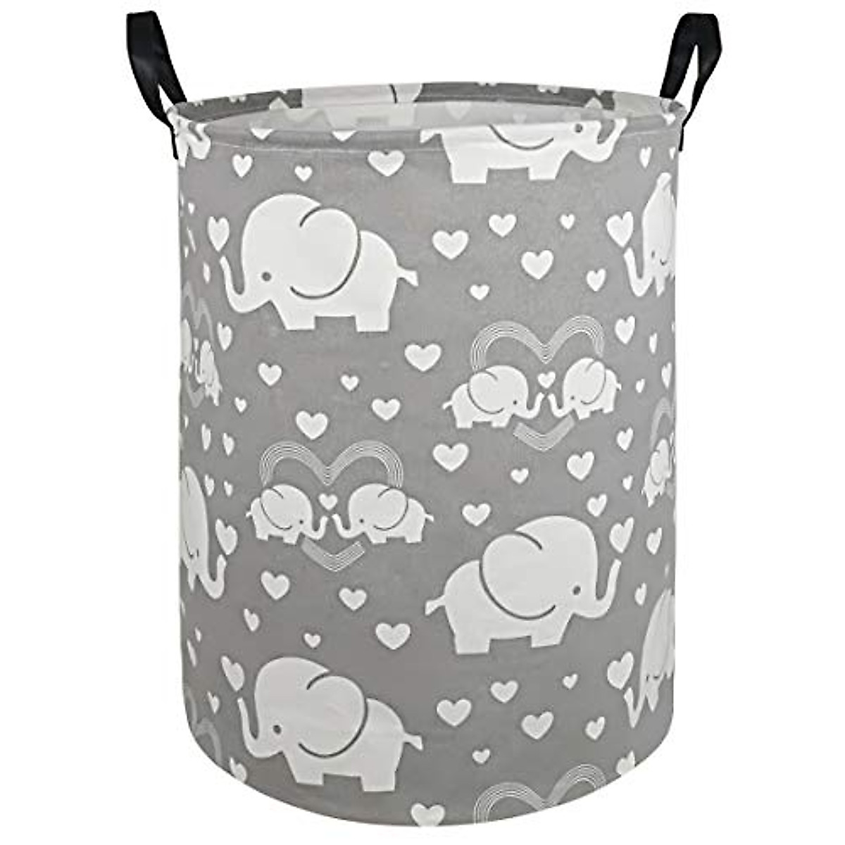 DUYIY 19.7 Inch Round Big Size Canvas Storage Basket with Handle Large Organizer Bins for Dirty Laundry Hamper Baby Toys Nursery Kids Clothes Gift Basket (heart elephant)