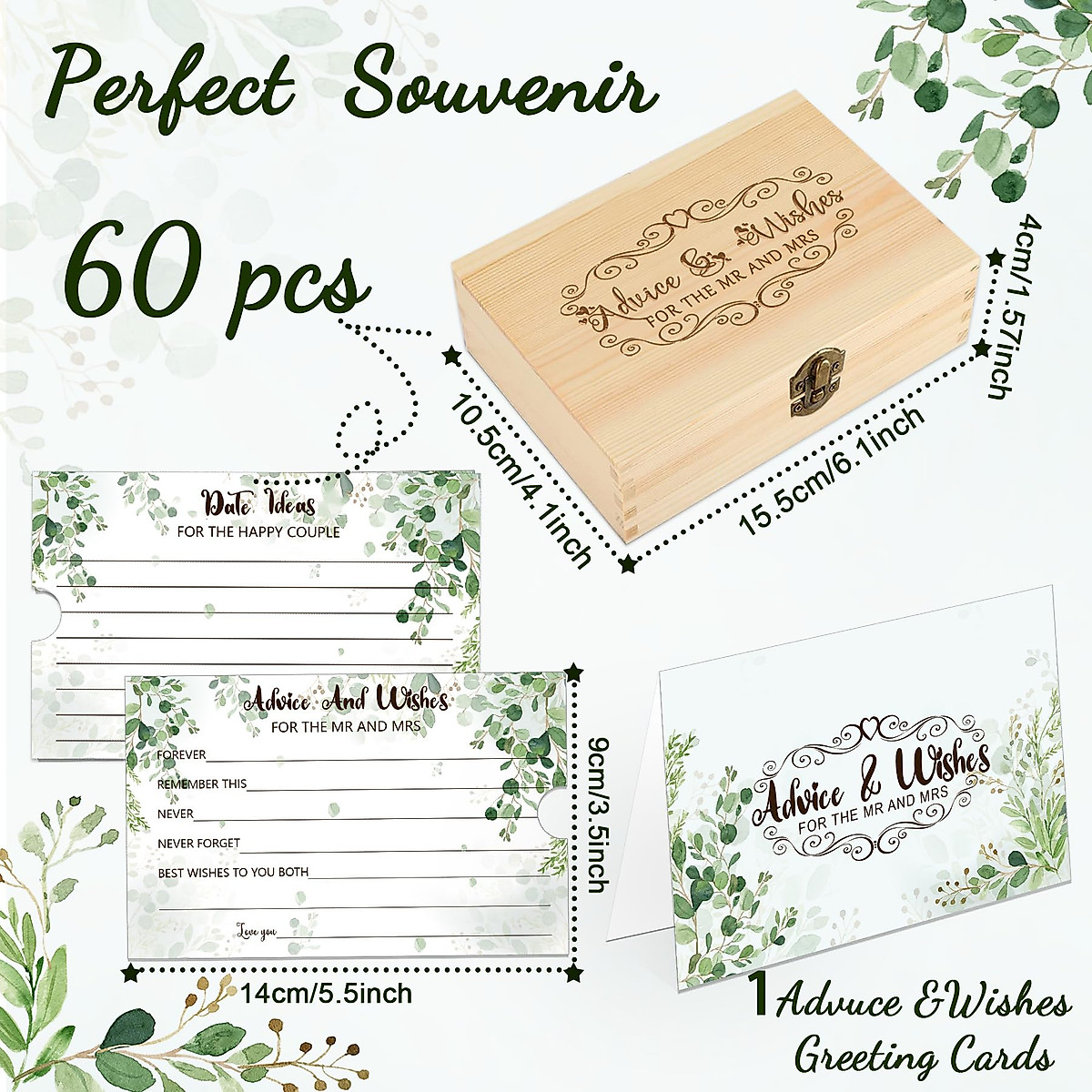 1DFAUL 60Pcs Bridal Shower Advice Cards, Greenery Advice and Wishes for the Mr and Mrs, Advice Cards for Bride and Groom Wood Box Kit for Bridal Shower Games Wedding Decorations