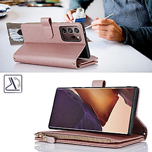 iCoverCase for Samsung Galaxy Note 20 Ultra Wallet Case with Card Holder for Women, Crossbody Lanyard Strap Kickstand PU Leather Case with Zipper Pocket Credit Card Slots Cover (Rose Gold)