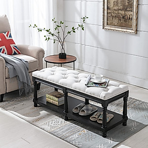 CIMOO Ottoman Storage Bench Upholstered Bedroom Bench for End of Bed Wooden Entryway Bench Tufted Padded Bench Seat for Farmhouse, Indoor Window, Black White