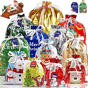 Christmas Bags 30Pcs Christmas Drawstring Gift Bags Assorted Sizes Large Medium Small Christmas Wrapping Bags 12 Design Goody Bags for Presents with Tags Xmas Gift Bags for Christmas Party