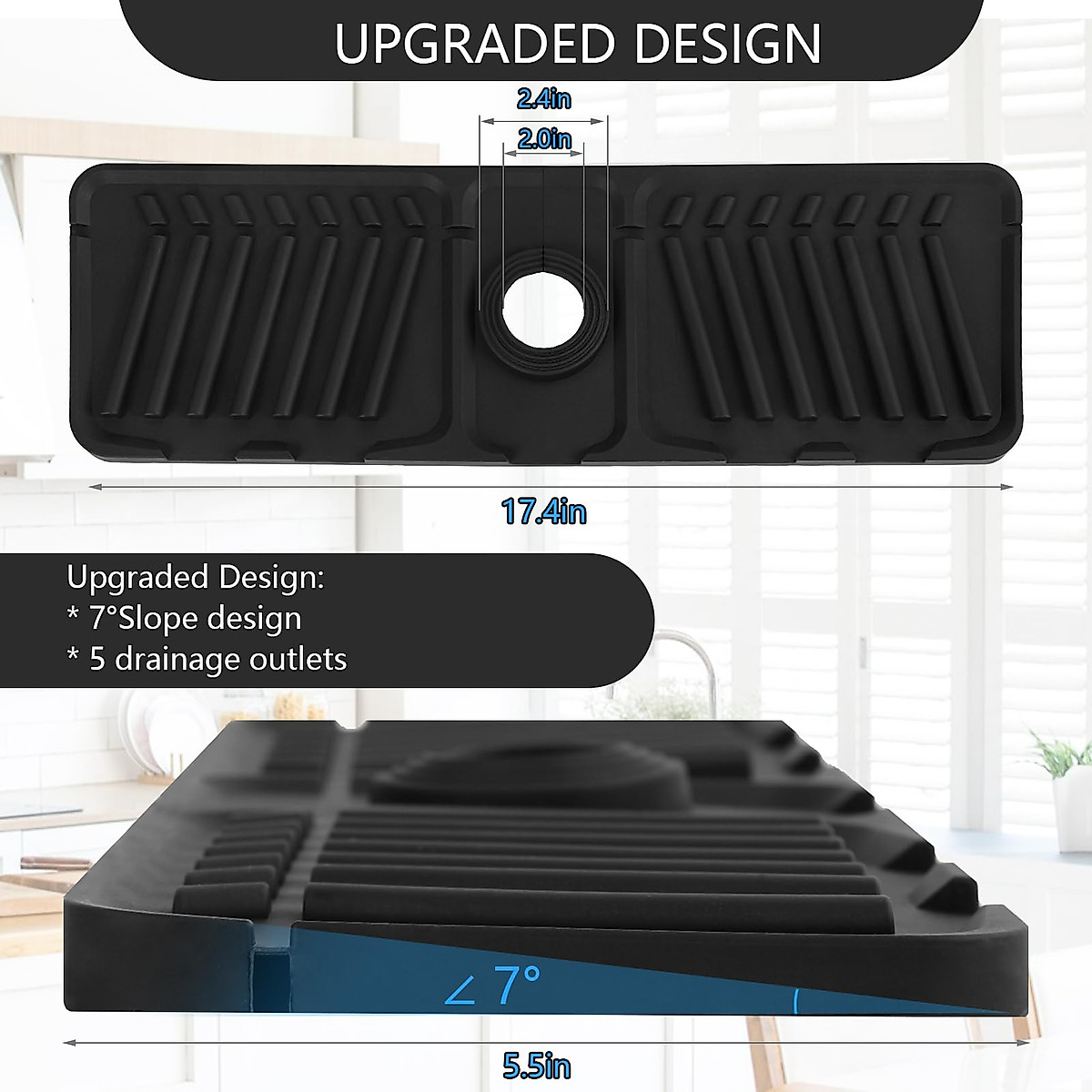Dimber Sink Splash Guard, Kitchen Sink Splash Guard with 5 Drains, Faucet Mat for Kitchen Sink 17.4”x5.5”(Black,1-Pack)