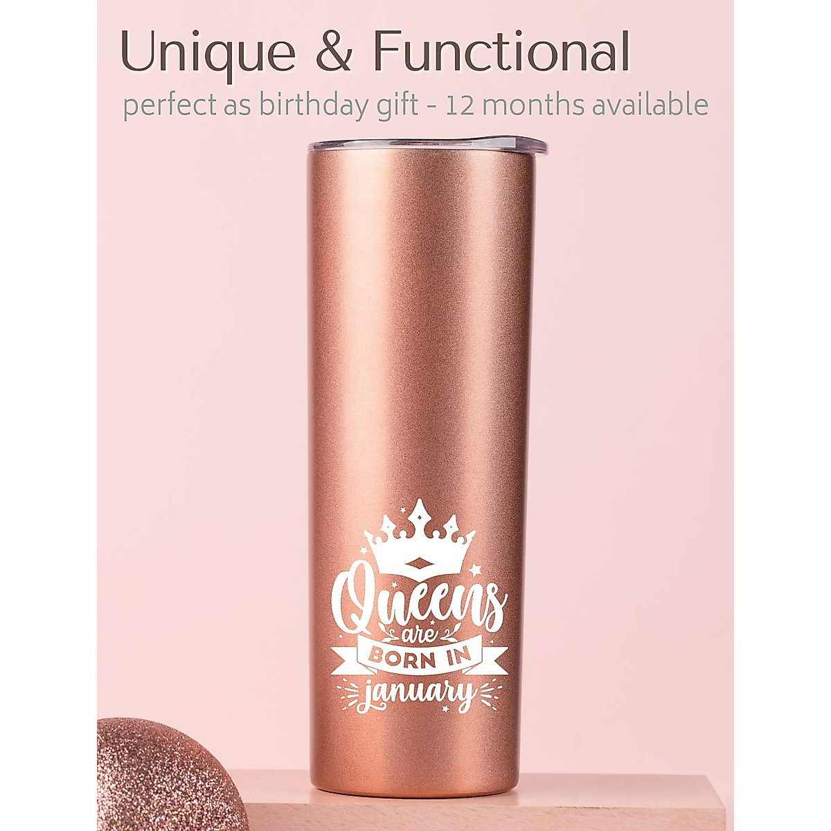 Onebttl Birthday Gifts for Women, Her, Girlfriend, Mom, Best Friends, Aunt, 20oz Stainless Steel Skinny Tumbler with Lid and Straw, Queens are Born in May - Rosegold